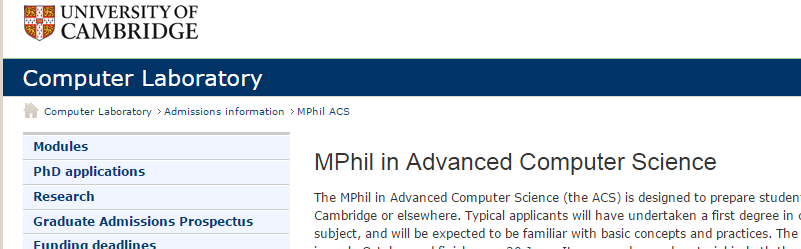 University of Cambridge MPhil in Advanced Computer Science, University of Cambridge, UK